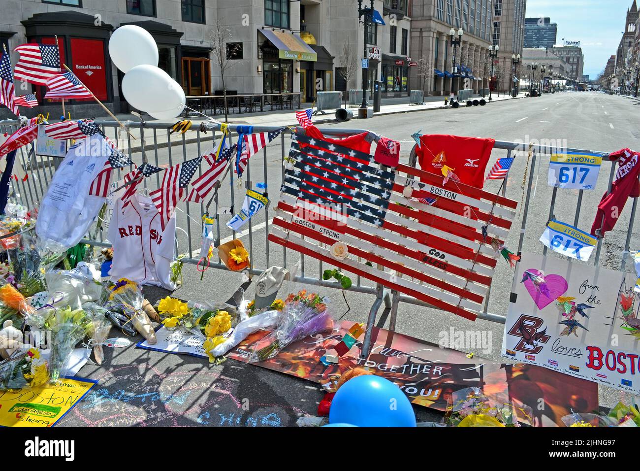 Flowers on memorial set up on Boylston Street in Boston, USA. Boston ...