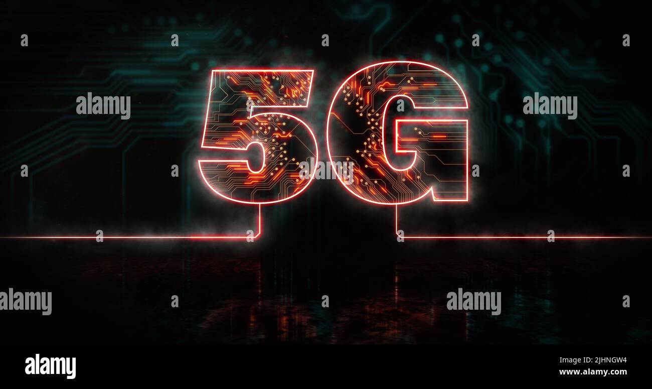 Image of glowing orange 5g text over blue processor socket Stock Photo ...
