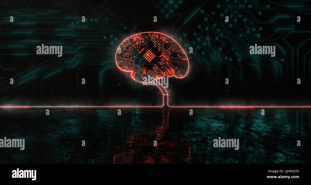 Image of glowing orange human brain over blue processor socket Stock ...