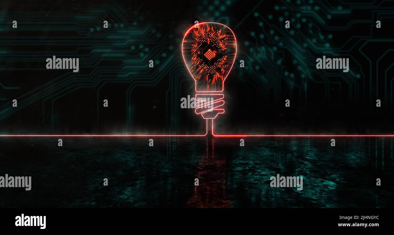 Image of glowing orange light bulb over blue processor socket Stock ...