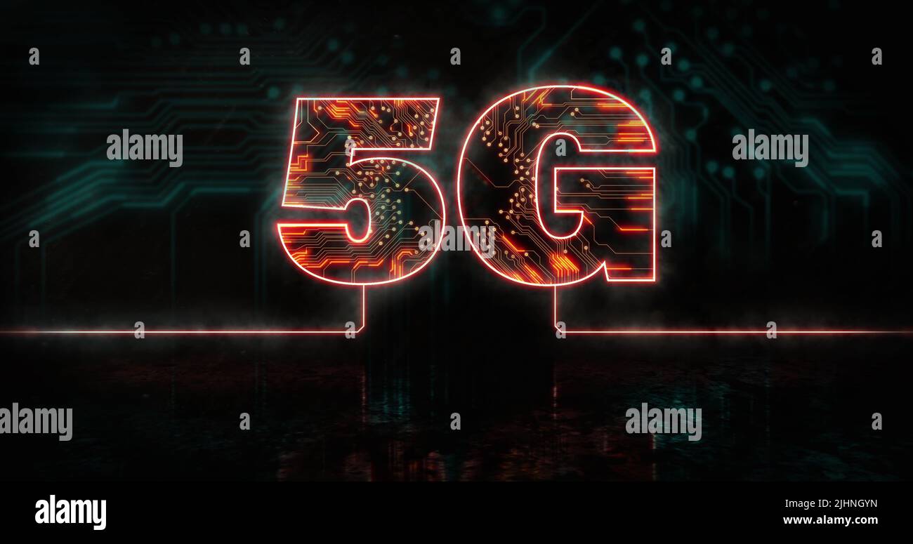Image of glowing orange 5g text over blue processor socket Stock Photo ...