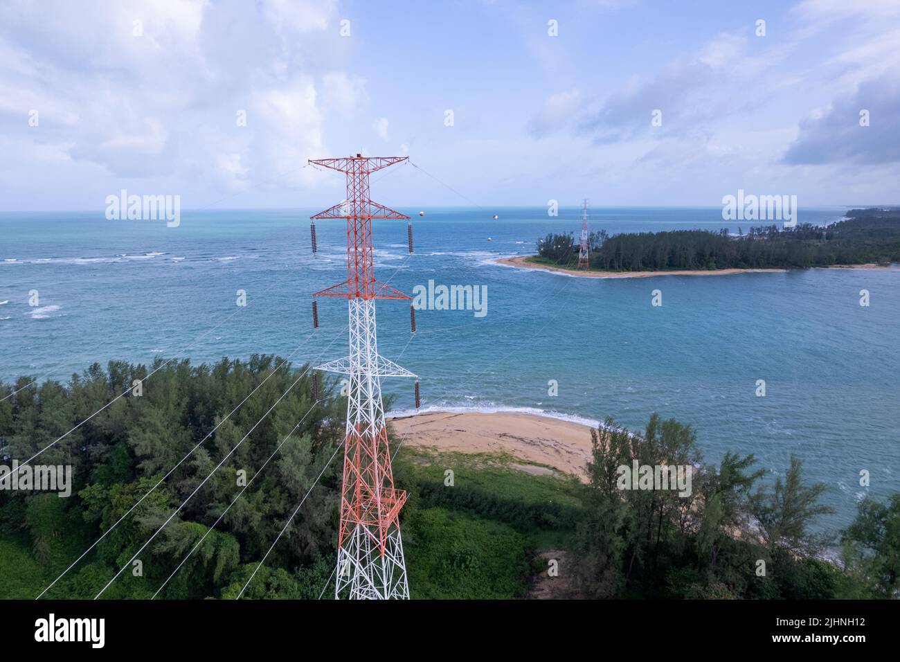 Aerial view high voltage steel power pylons Transmission tower ...