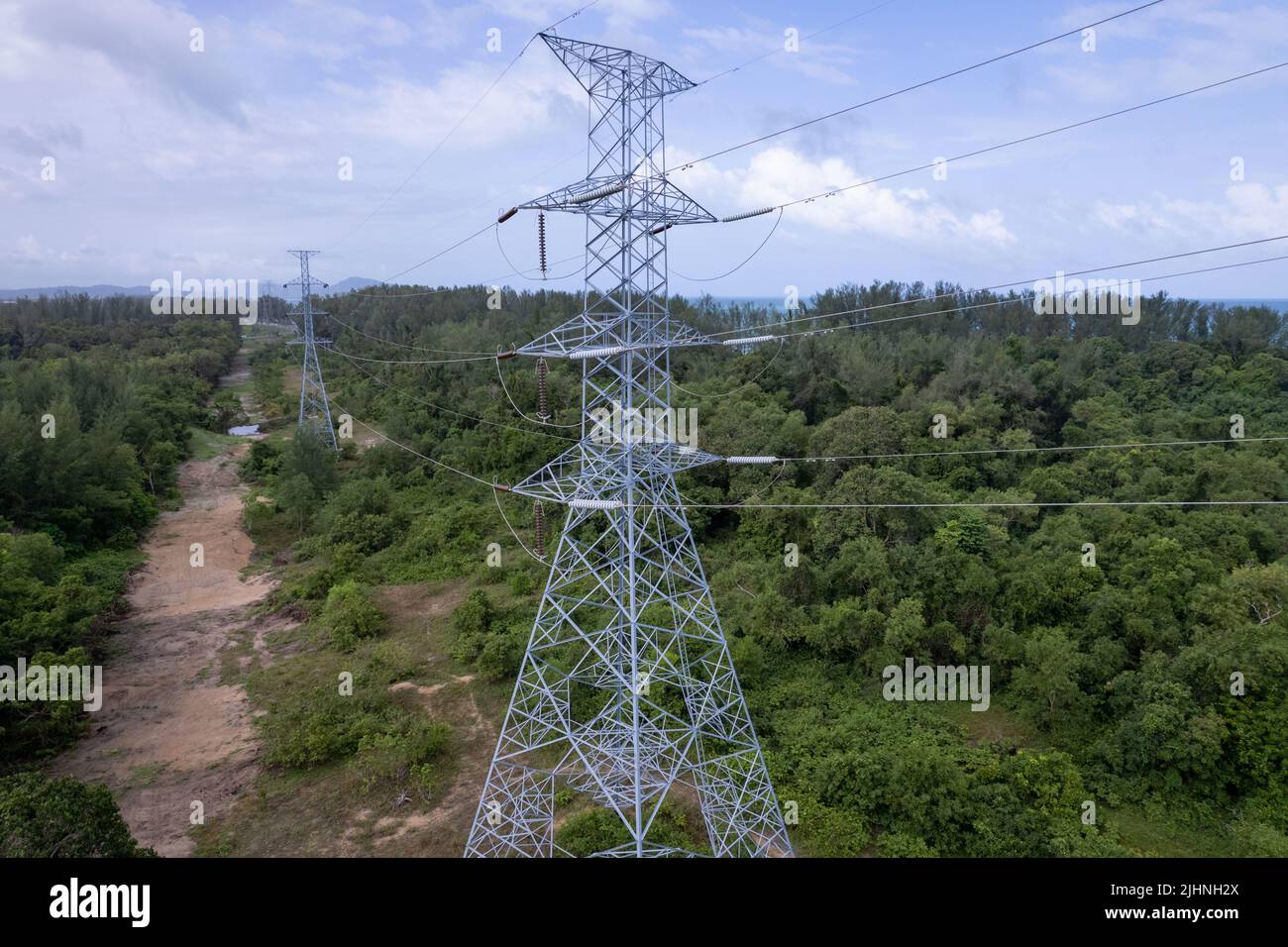 Aerial view high voltage steel power pylons Transmission tower ...