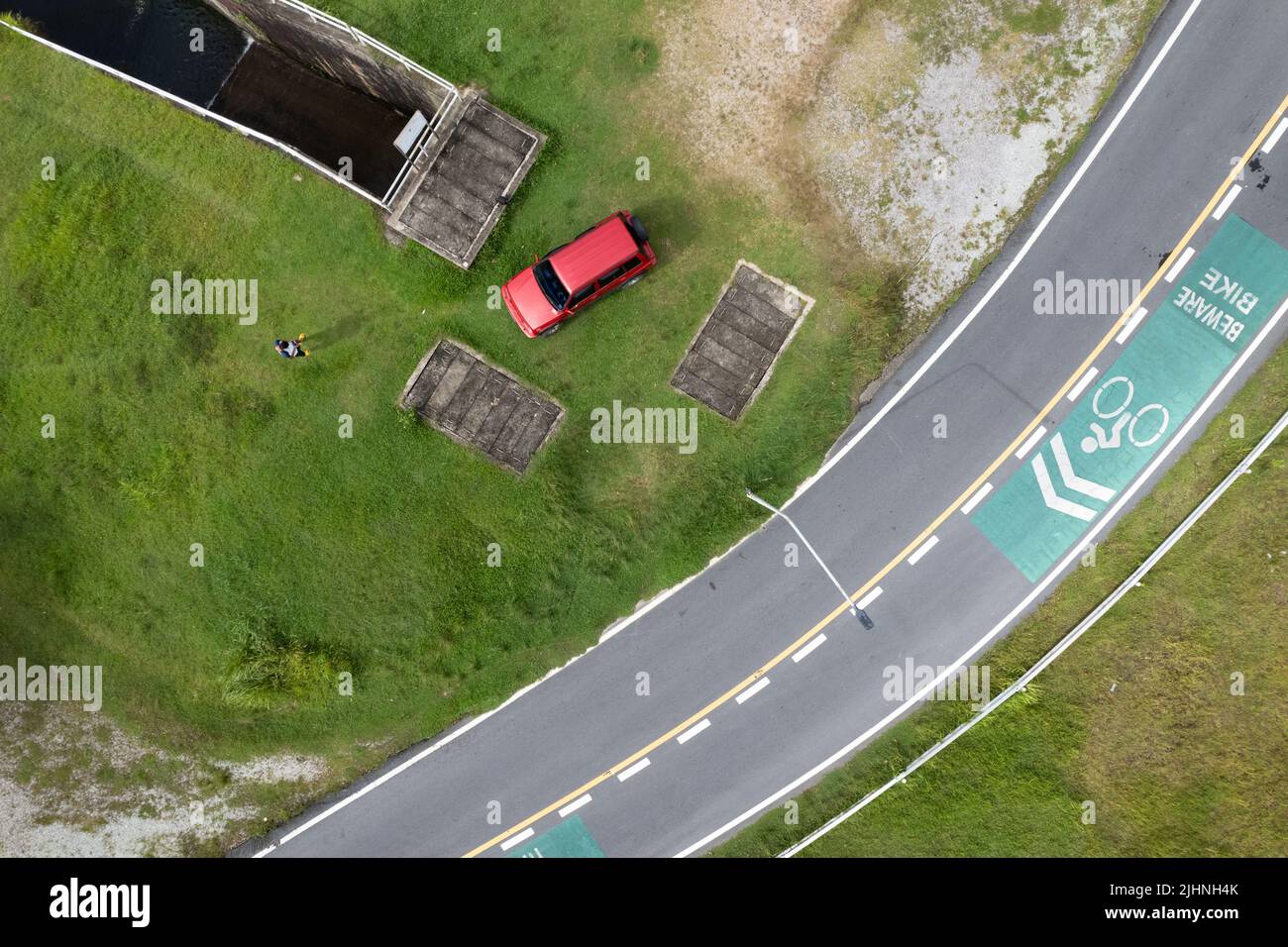 Aerial view photo high angle view top down of red suv car and asphalt ...