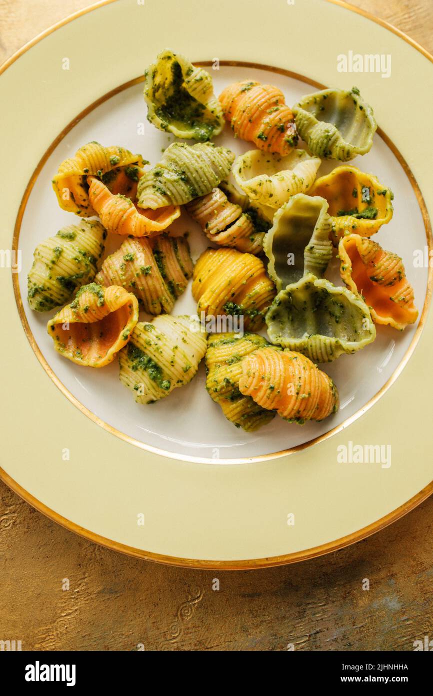 pesto pasta with multicolor Sea Conch Shells "Conchiglioni" on pale ...