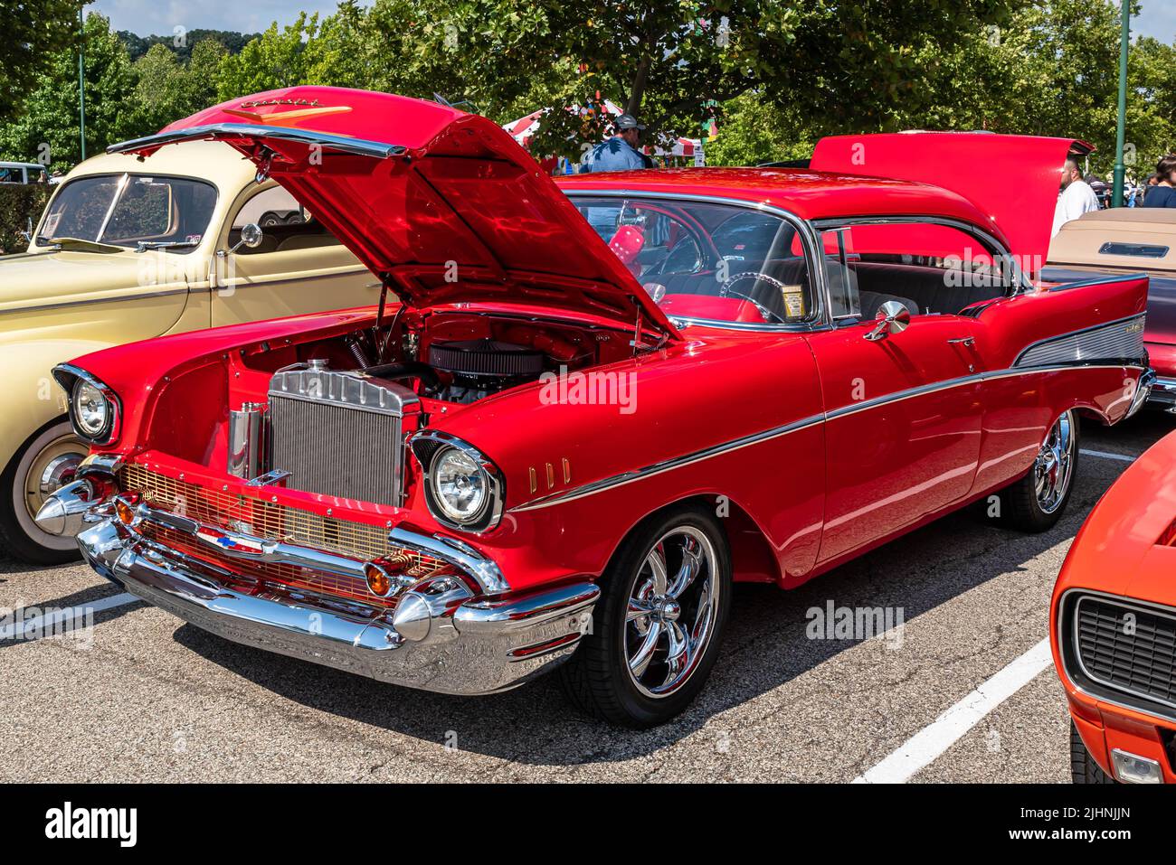 A red 1957 Chevrolet coupe at the Homestead Waterfront car show in ...