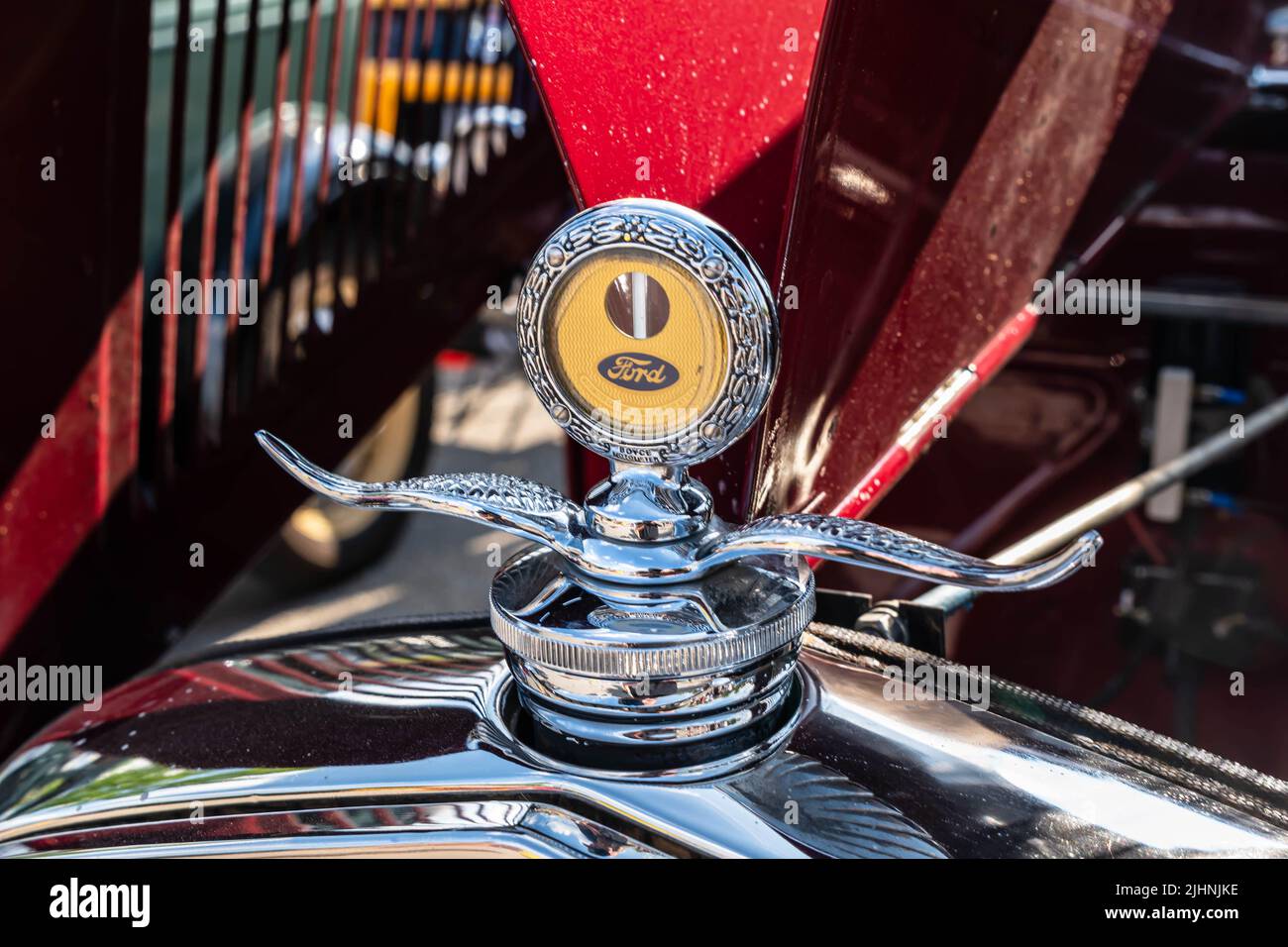 The hood ornament of a Ford Model T car at the Homestead Waterfront car ...