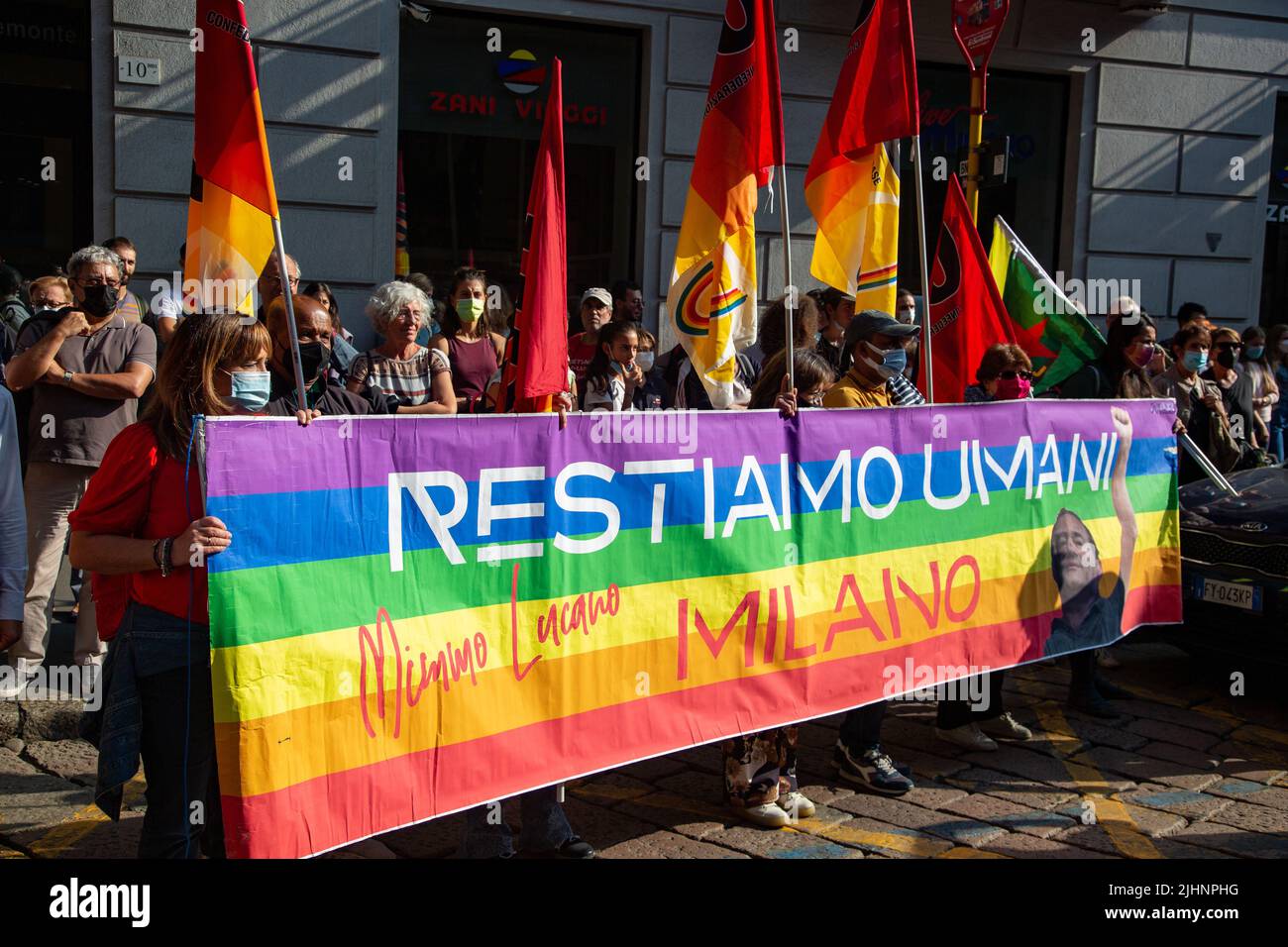 Milan, Italy. 28th Oct, 2021. Banner in solidarity with Mimmo Lucano ...