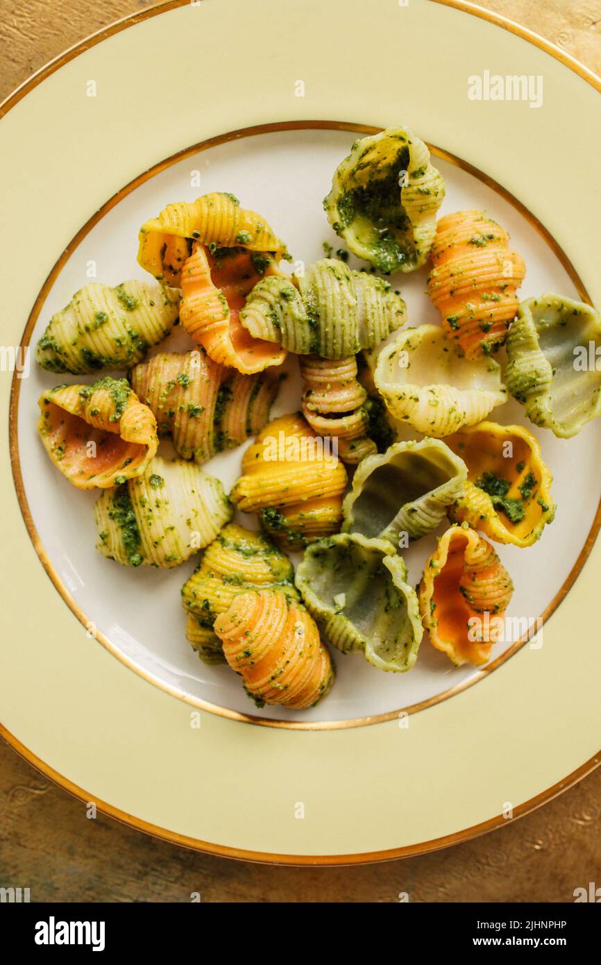 pesto pasta with multicolor Sea Conch Shells "Conchiglioni" on pale ...