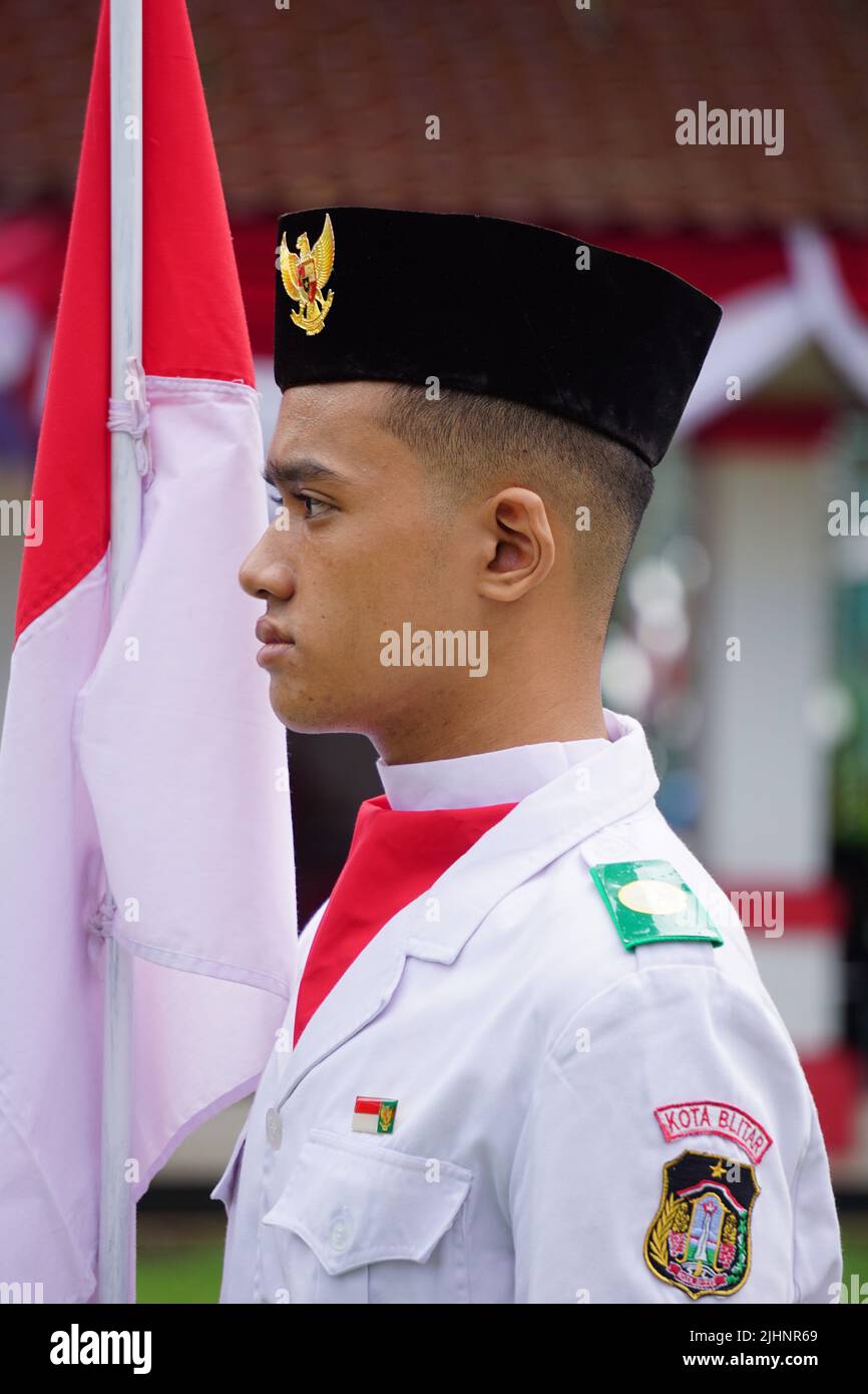 Paskibraka (Indonesian flag raiser) with national flag during grebeg ...