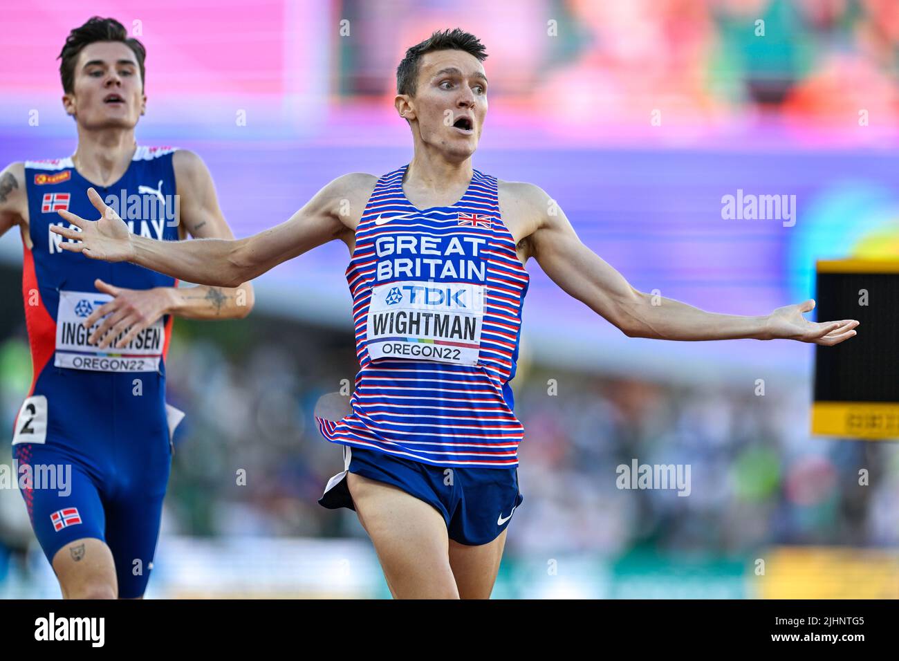 EUGENE, UNITED STATES - JULY 19: Jake Wightman of Great Britain wins ...