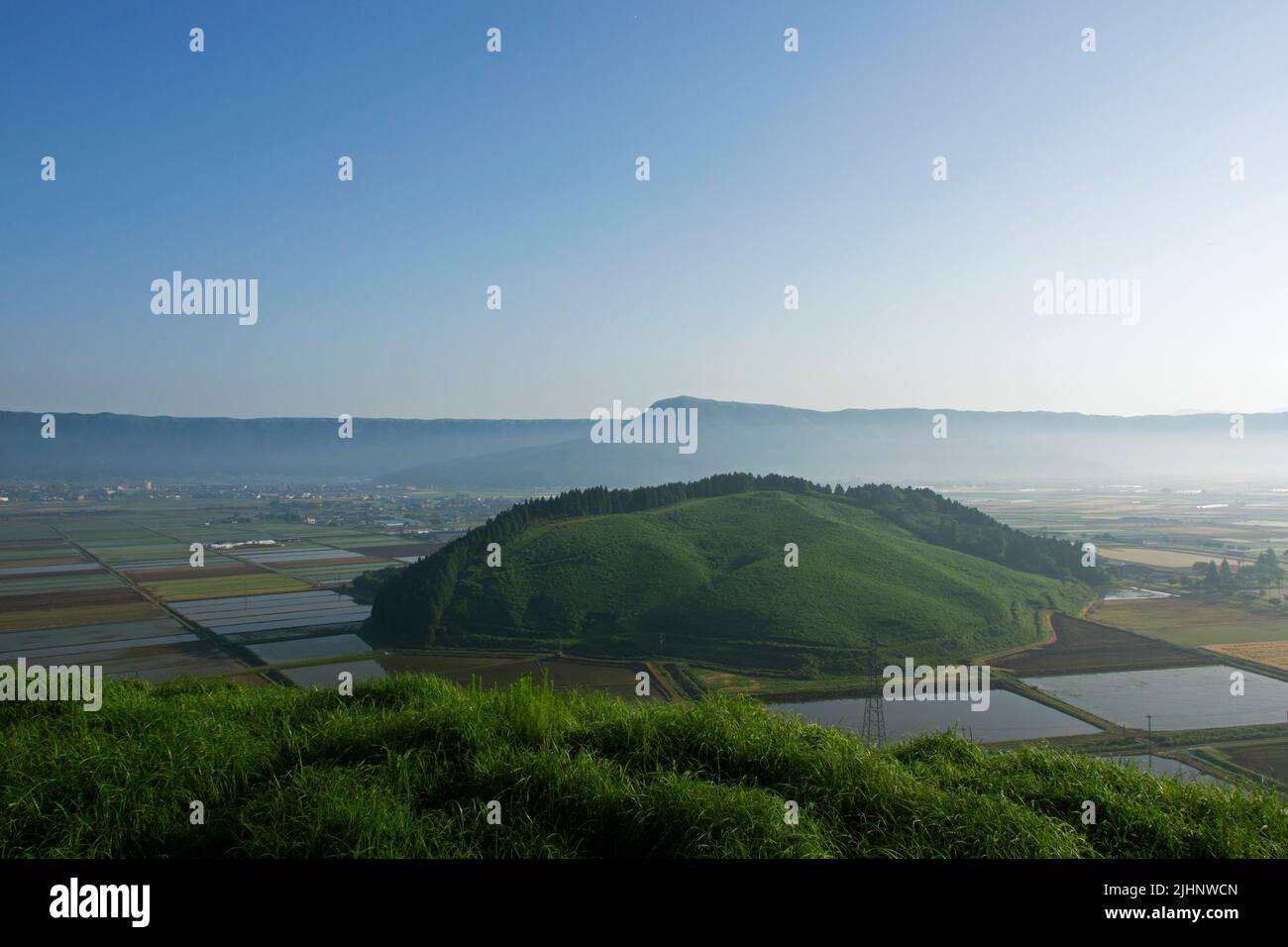 Rice Paddy in Aso Caldera and Mt. Daikanbou, Kumamoto Prefecture, Japan ...