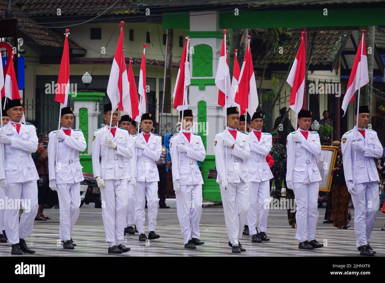 Paskibraka (Indonesian flag raiser) with national flag during grebeg ...