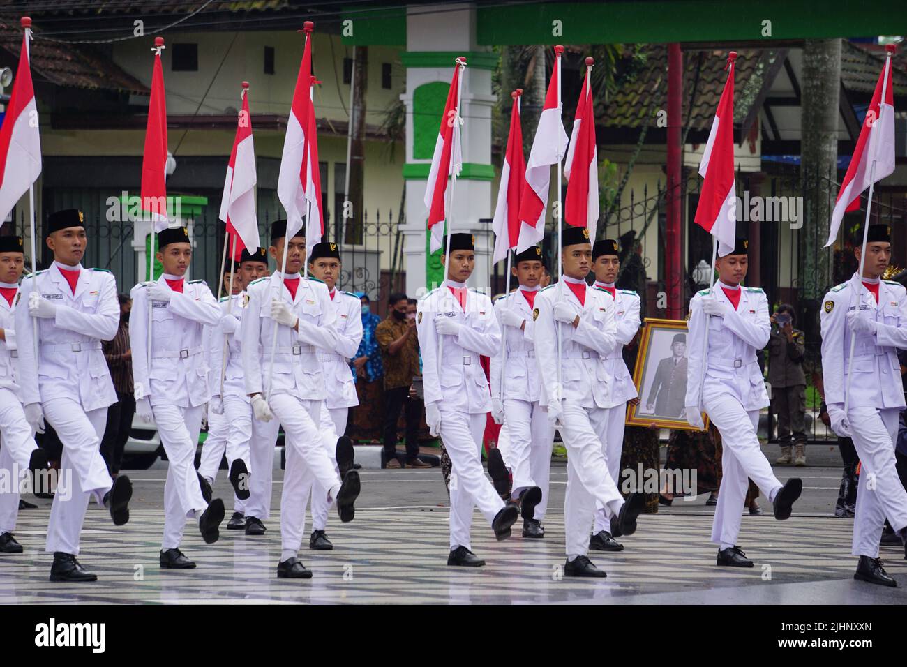 Paskibraka (Indonesian flag raiser) with national flag during grebeg ...