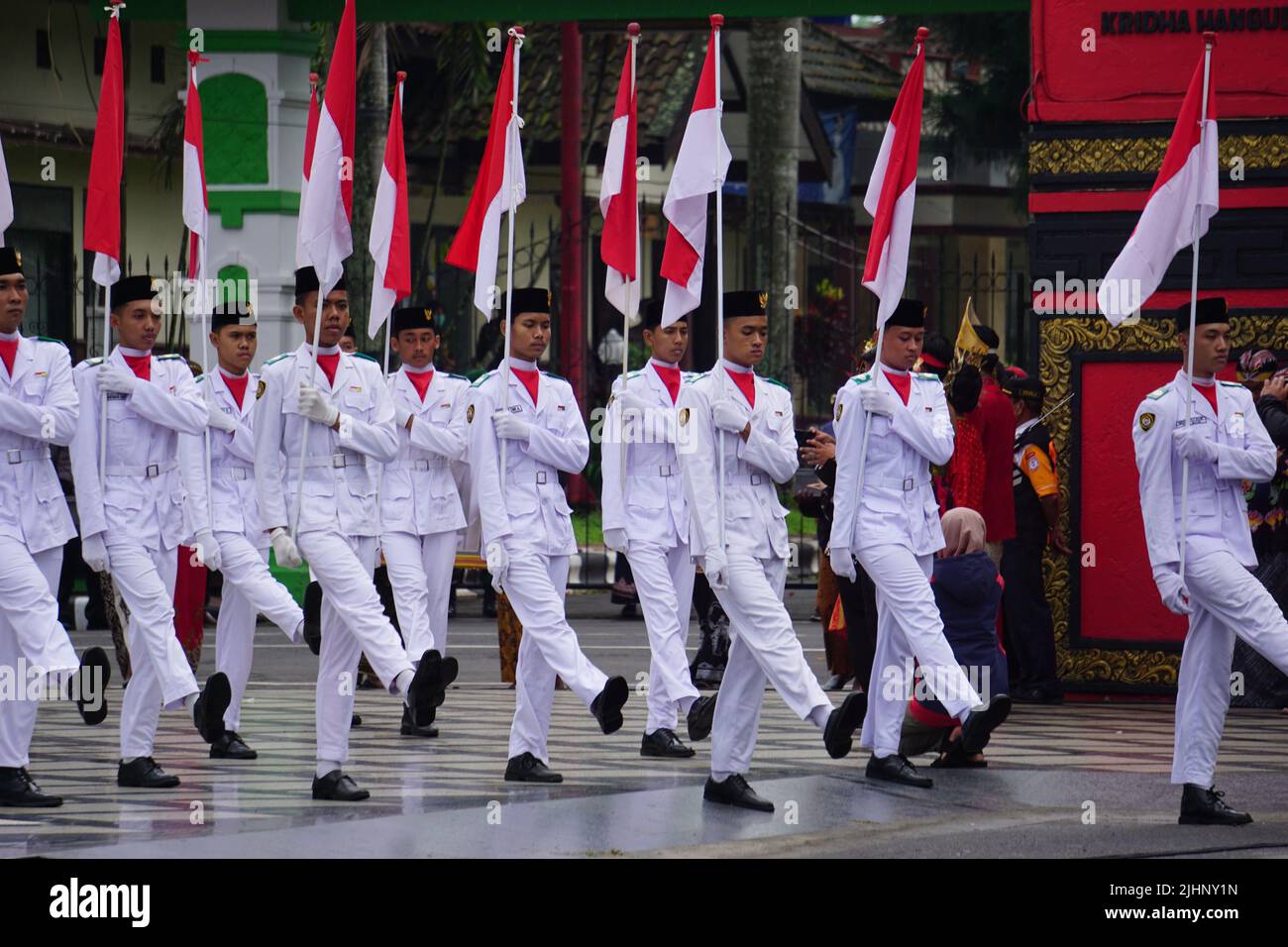 Paskibraka (Indonesian flag raiser) with national flag during grebeg ...