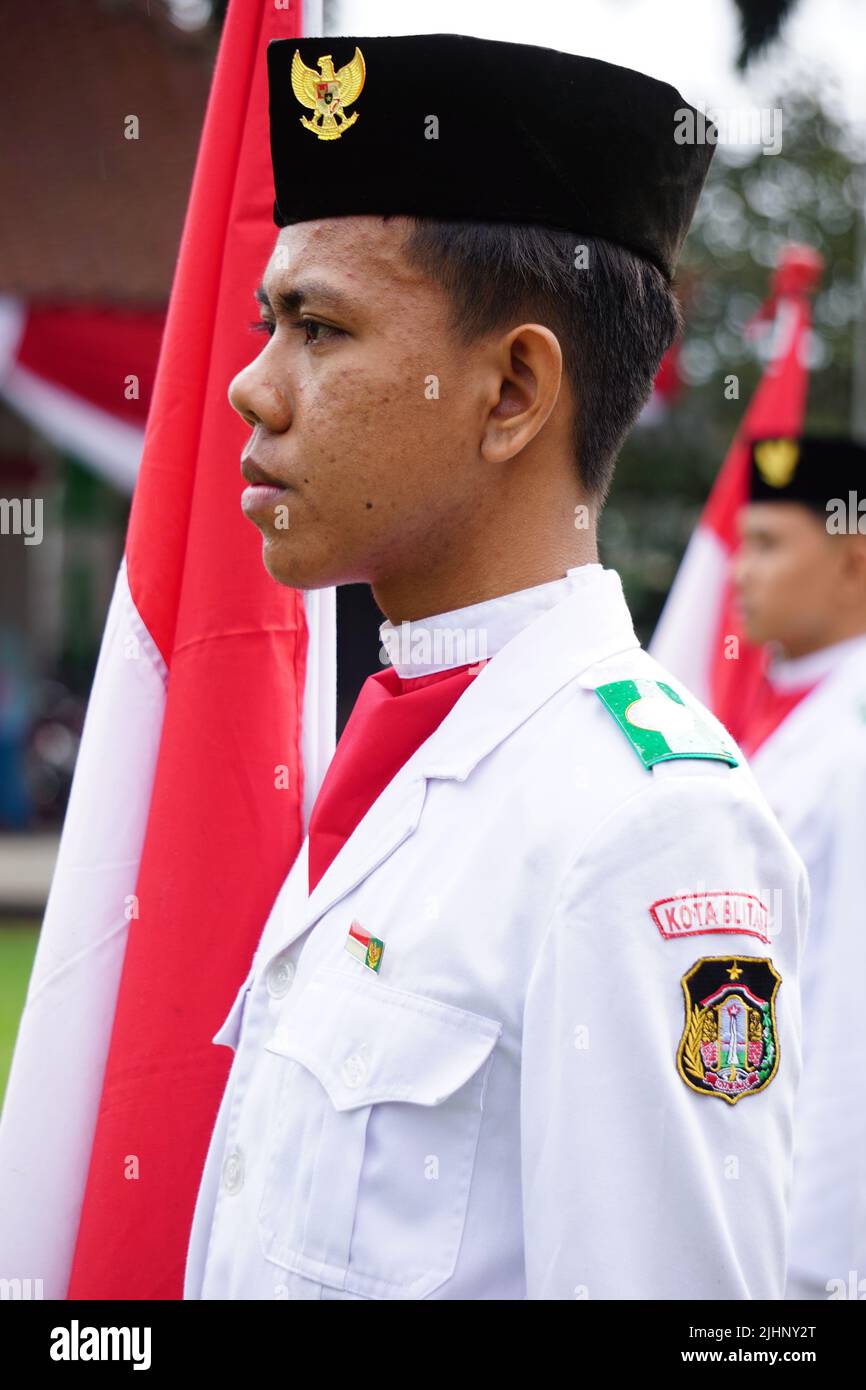 Paskibraka (Indonesian flag raiser) with national flag during grebeg ...