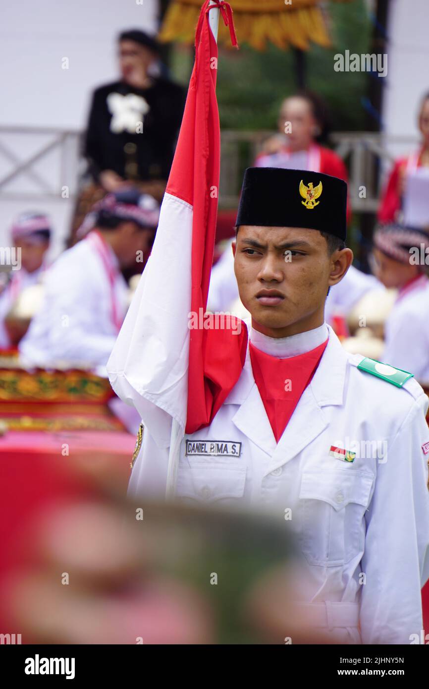 Paskibraka (Indonesian flag raiser) with national flag during grebeg ...