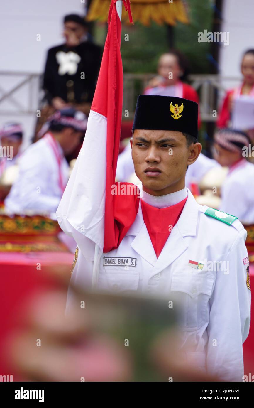 Paskibraka (Indonesian flag raiser) with national flag during grebeg ...