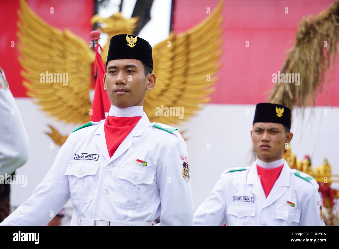 Paskibraka (Indonesian flag raiser) with national flag during grebeg ...
