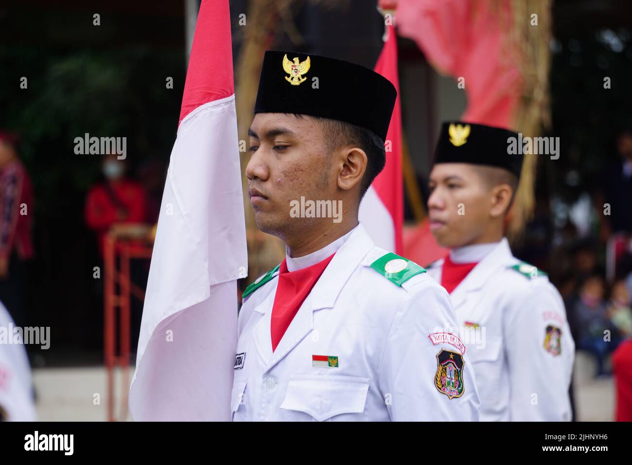 Paskibraka (Indonesian flag raiser) with national flag during grebeg ...