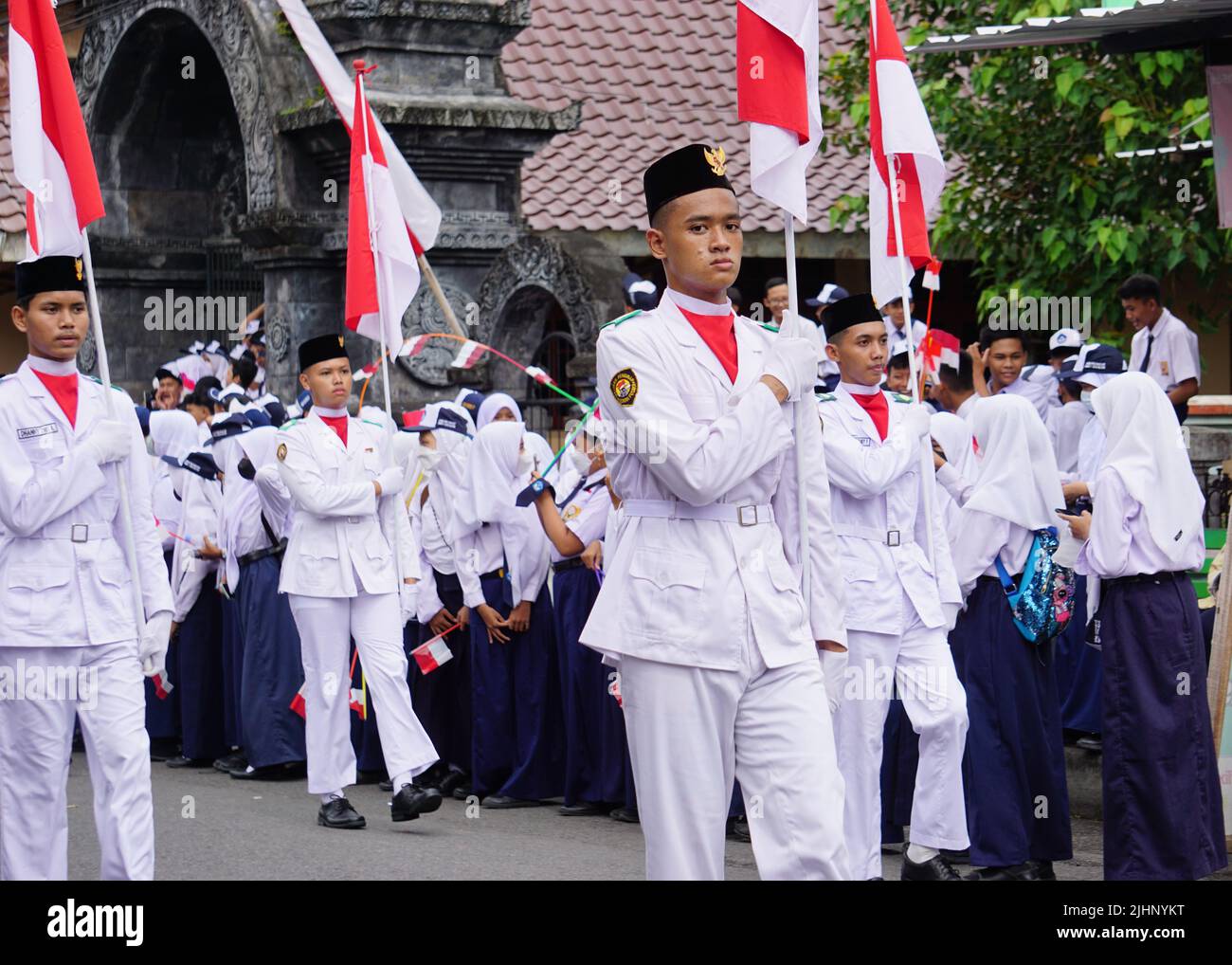 Paskibraka (Indonesian flag raiser) with national flag during grebeg ...