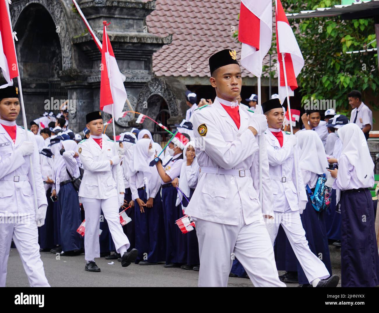Paskibraka (Indonesian flag raiser) with national flag during grebeg ...