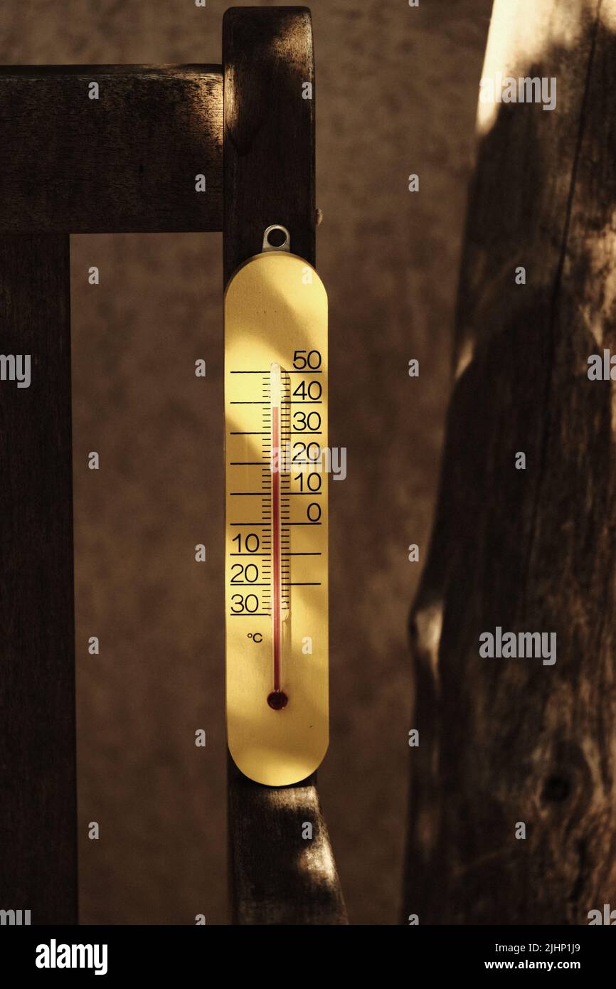 Heatwave high temperature thermometer showing 38 degrees in the shade ...