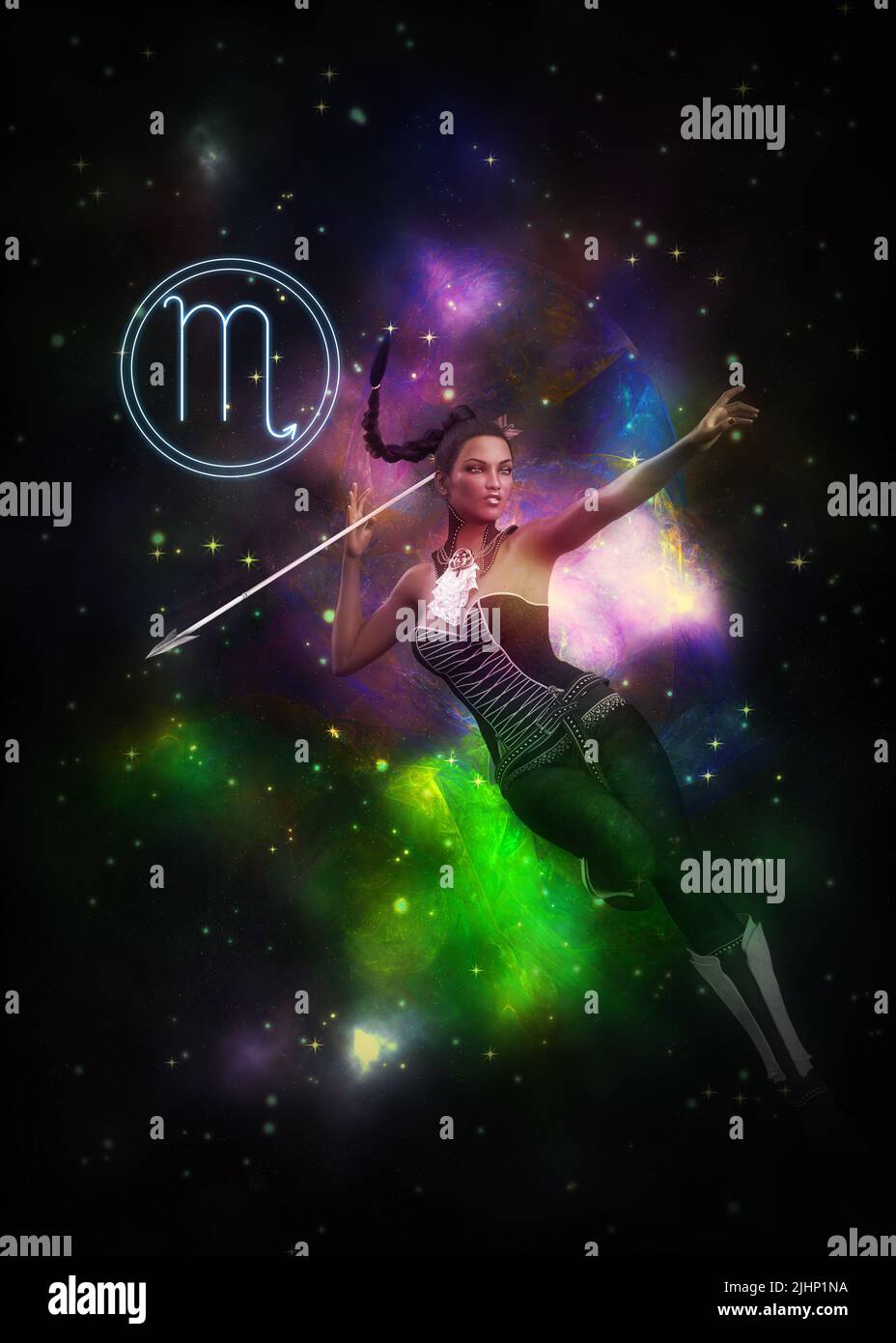 Colorful starry space background and 3d warrior girl with spear ...