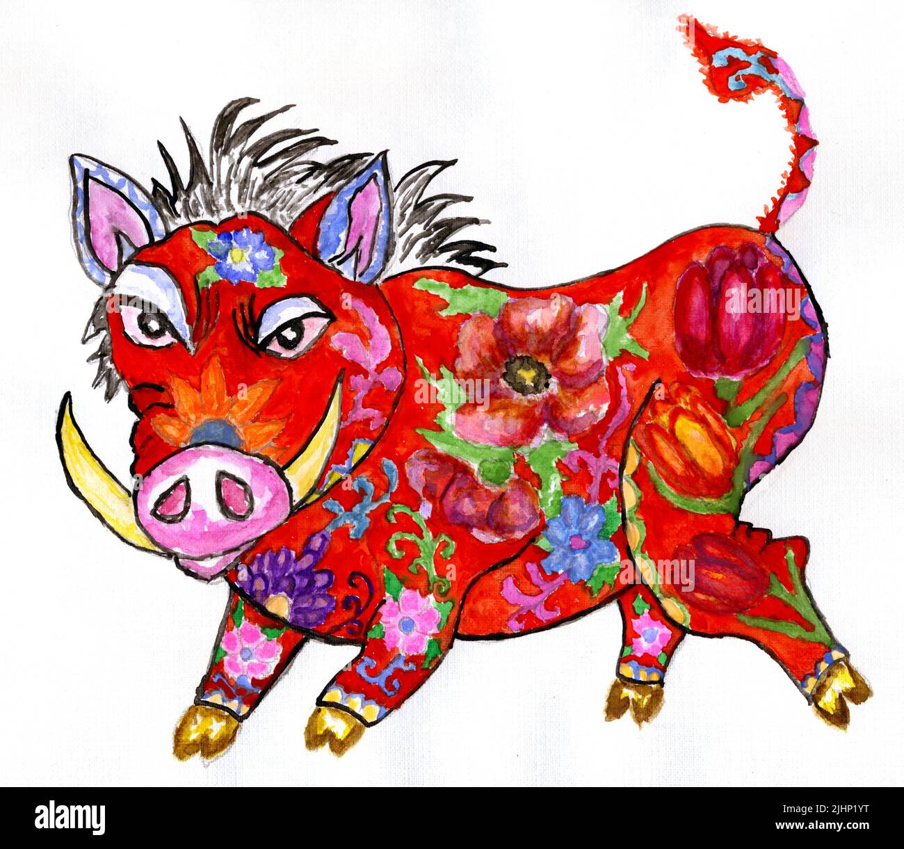 Red pig with flowers decor hand drawn illustration Stock Photo - Alamy