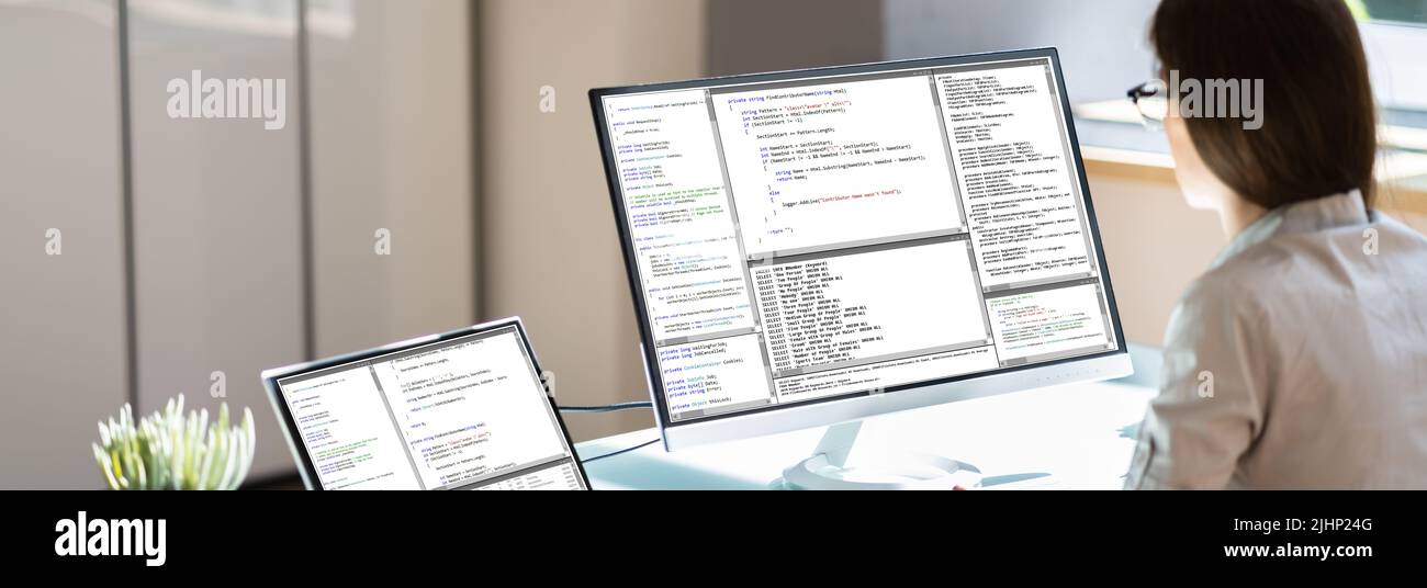 Woman Programmer. Girl Coding Software On Computer Stock Photo - Alamy