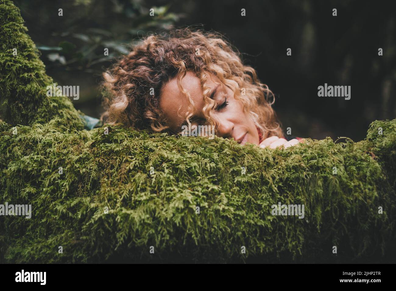 People enjoy and love feeling with green nature. Serene woman have ...