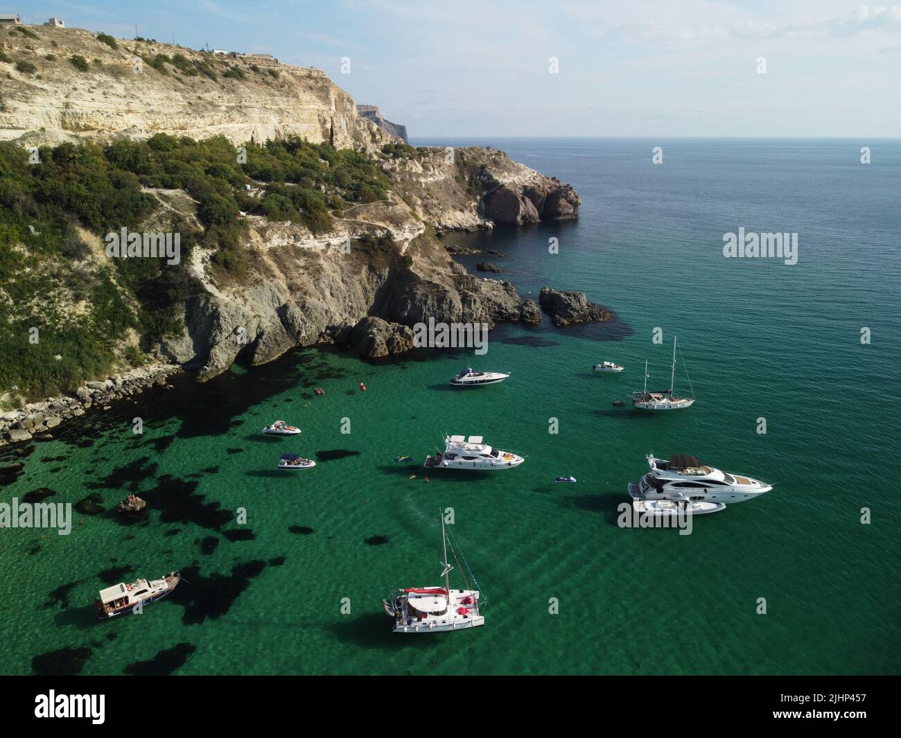 Aerial panoramic view of seascape with crystal clear azure sea and ...