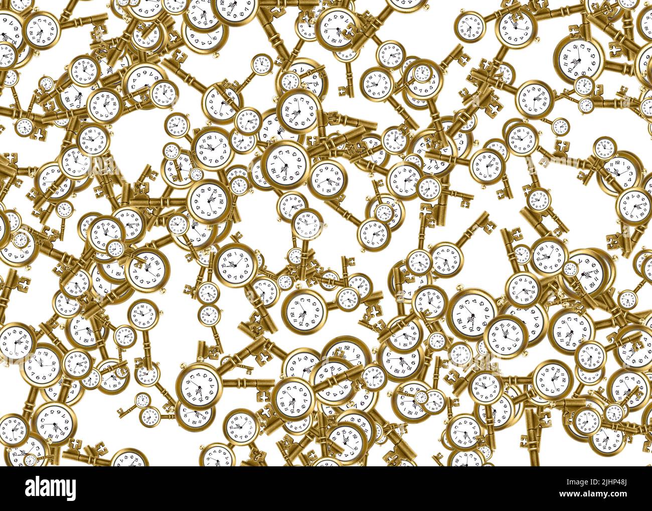 Large and small key shaped watches scattered on white. Creative time ...