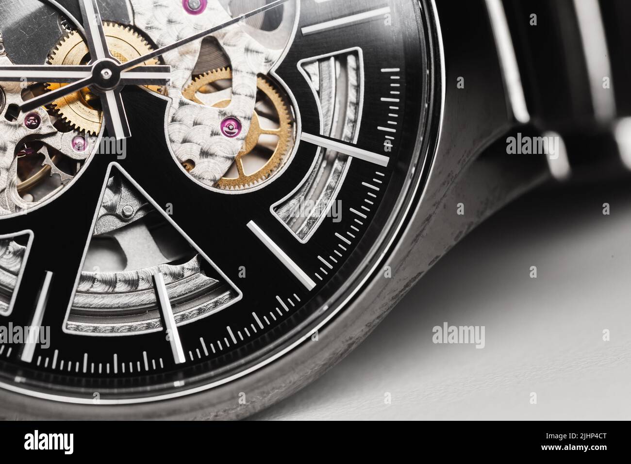 Luxury automatic Swiss made skeleton wrist watch, macro photo with ...