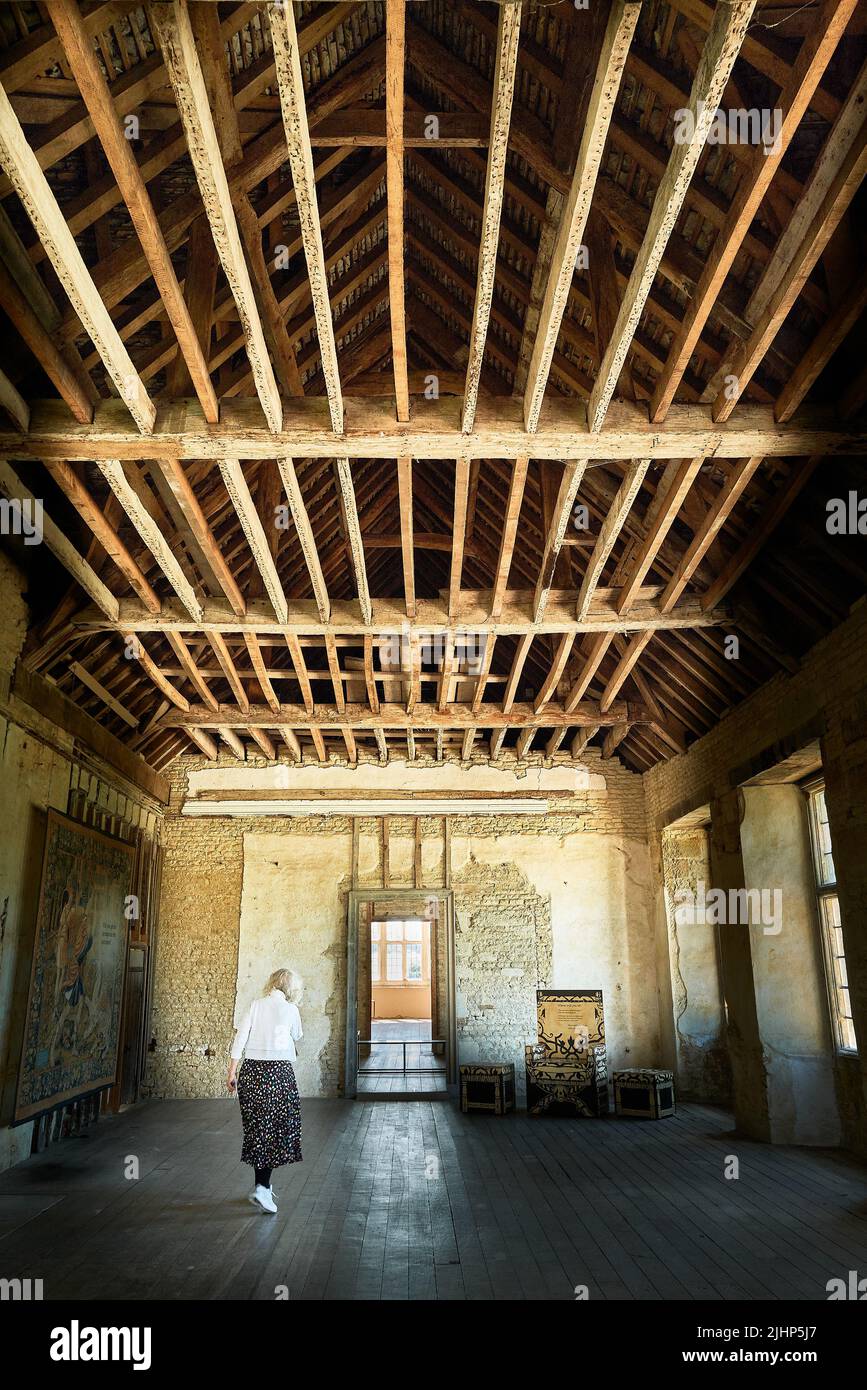 An elderly woman in the dilapidated State Apartments of an abandoned ...