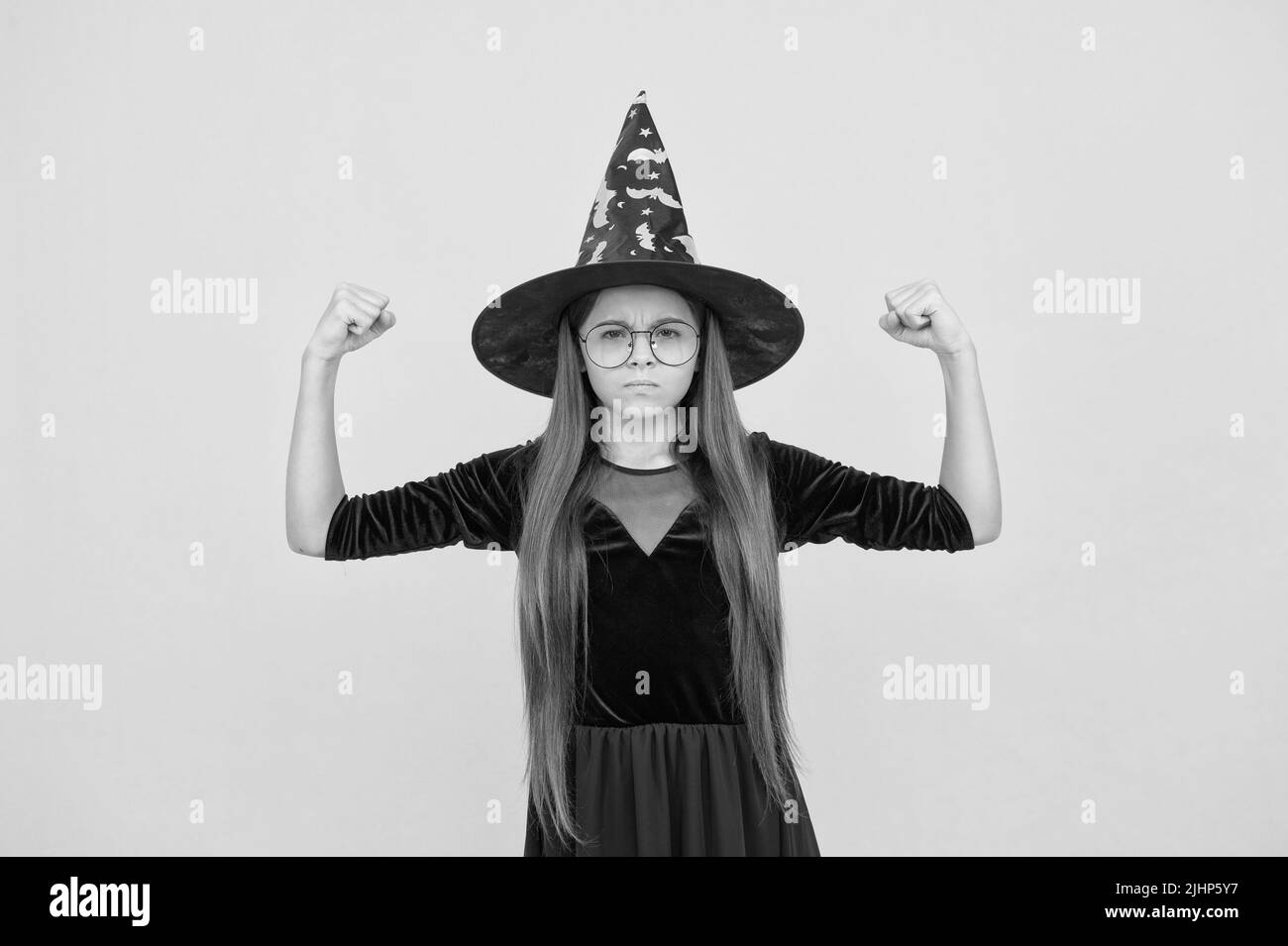 unhappy girl ready to celebrate. costume party fun. happy halloween ...