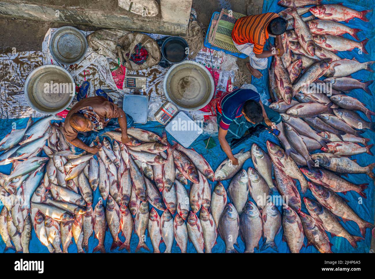 Aerial view of fish being sold at a bustling village fair in rural ...