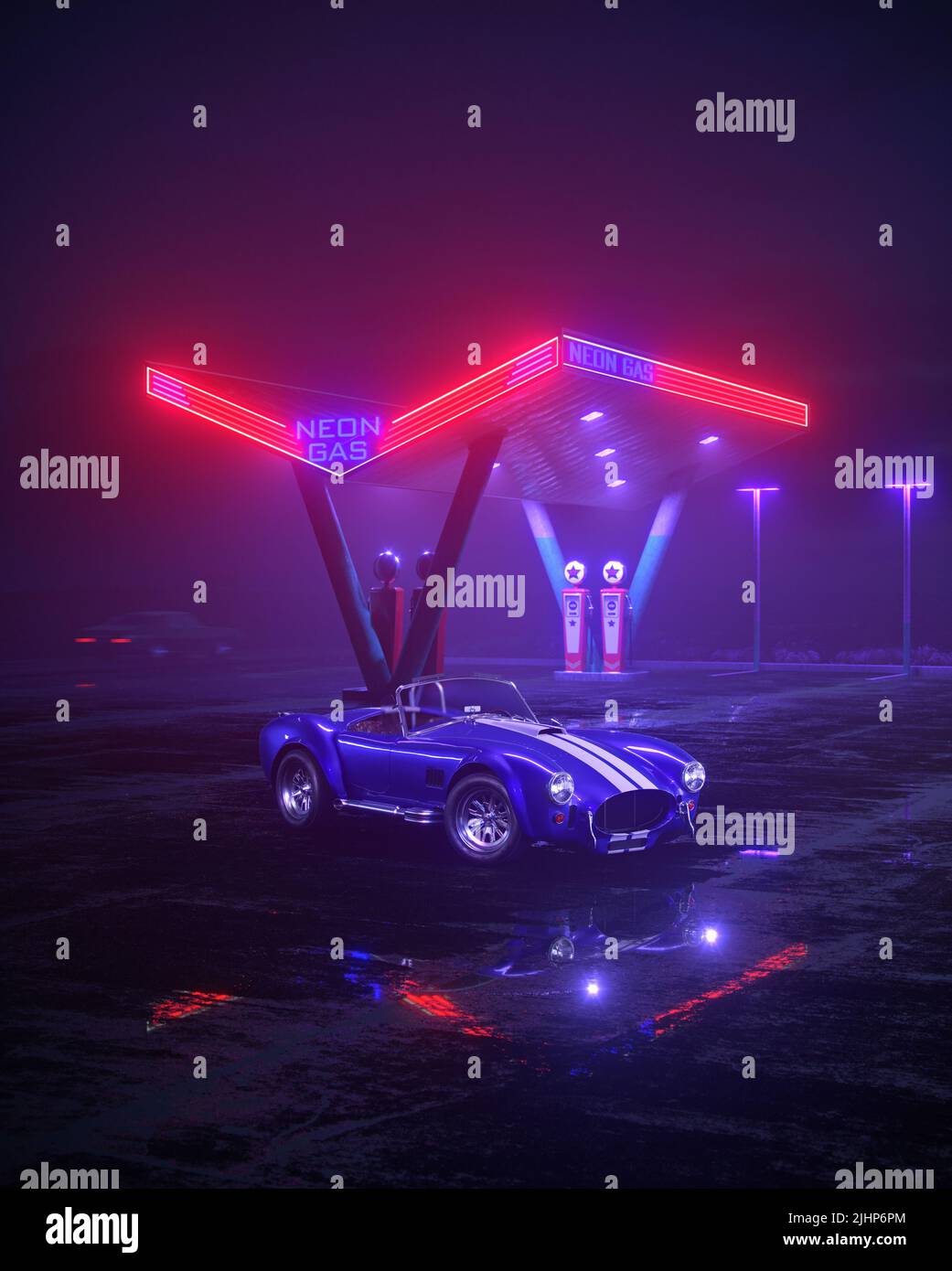 Neon gas station and retro car. Vintage cyberpunk auto. Fog rain and ...