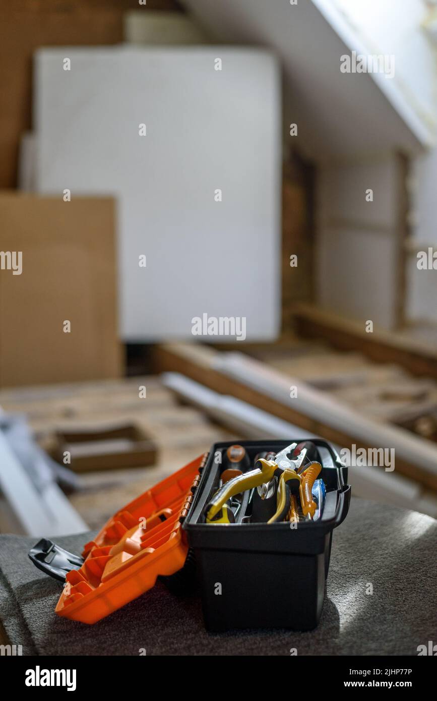 Tool box in apartment renovation area on floor Stock Photo - Alamy