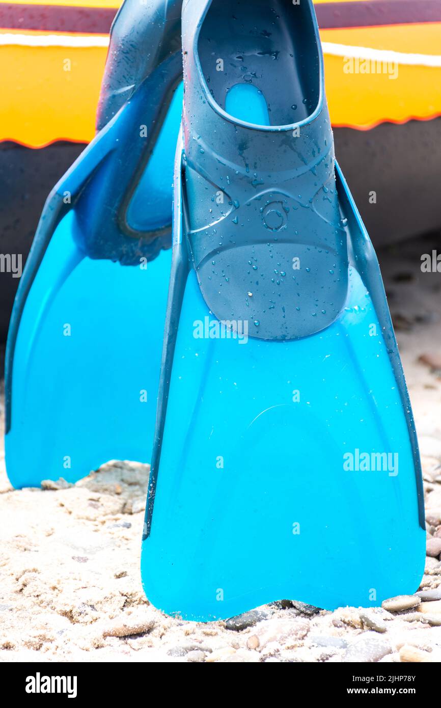 Close up blue snorkeling fins on the beach. Snorkeling gear concept ...