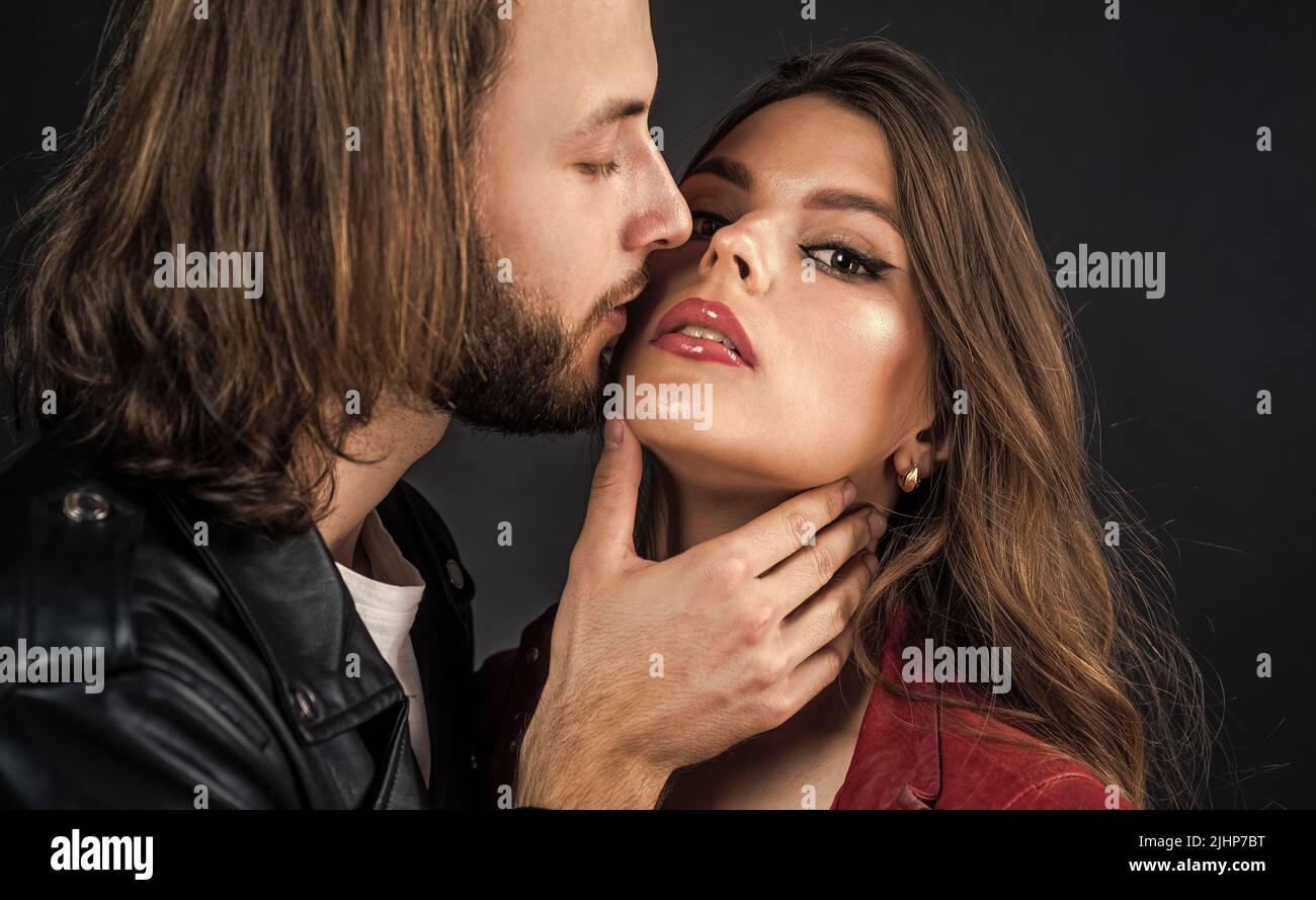 be with me. bearded long hair man caress woman. love and romance ...