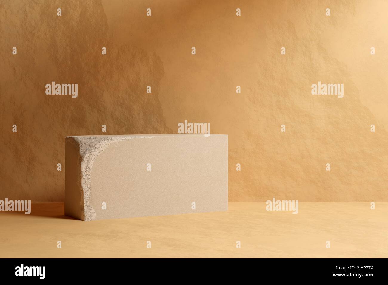 Beige stone podium. White sandstone block on natural beige stone with ...