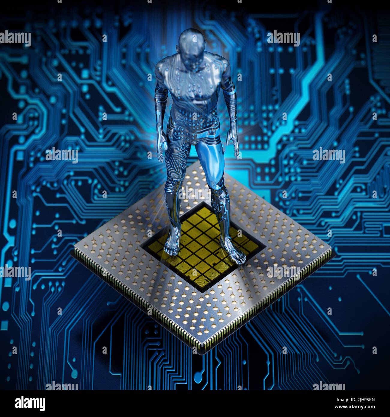 3D PCB textured figure standing on the CPU. 3D illustration Stock Photo ...