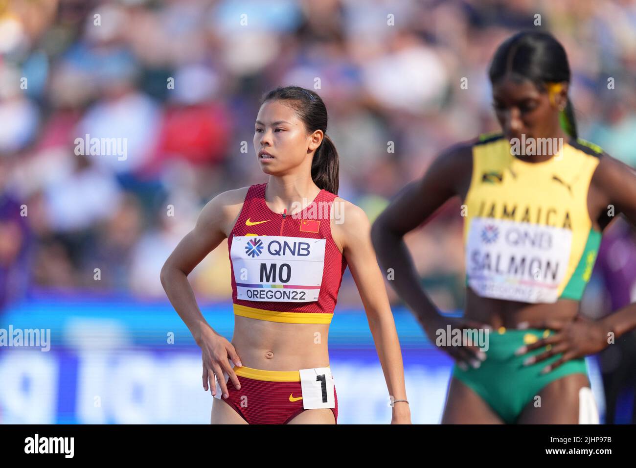 Eugene, USA. 19th July, 2022. Mo Jiadie of China reacts before the women's 400m hurdles heats at ...