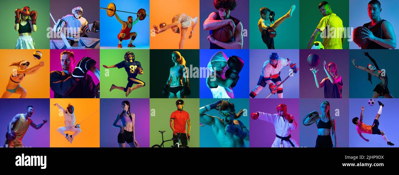Sport collage of professional athletes on gradient multicolored neoned ...