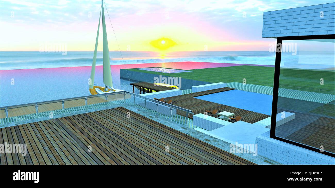 An unexpected storm breaks into a safe harbor at dawn. The waves are ...