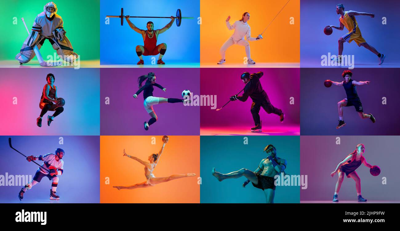 Sport collage of professional athletes on gradient multicolored neoned ...