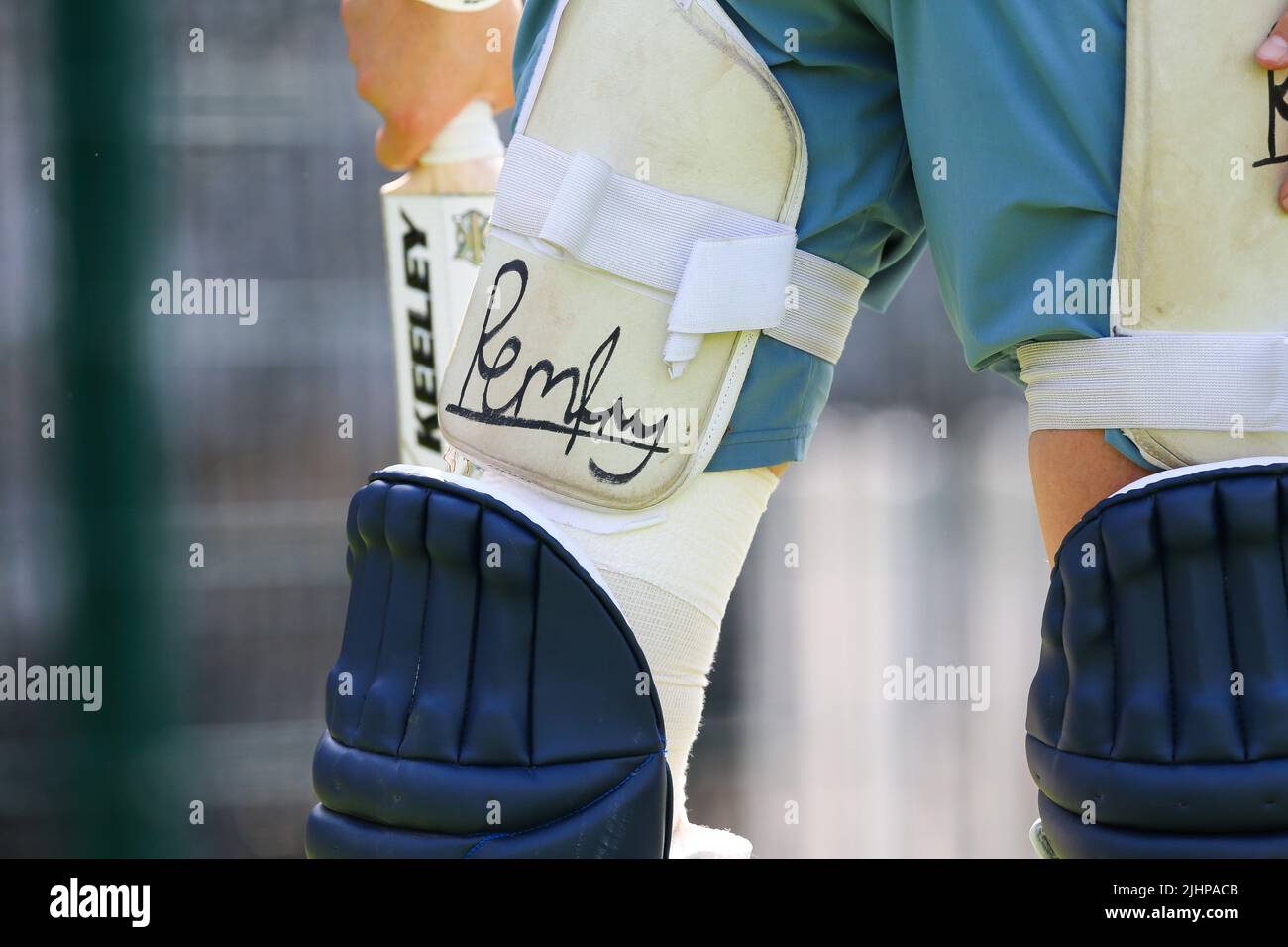 A detail of the leg protection worn by England players during a ...