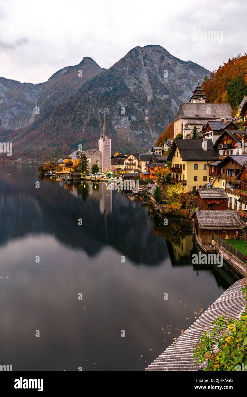 Lake Hallstatt, Austria. The village of Hallstatt is on the shore of ...