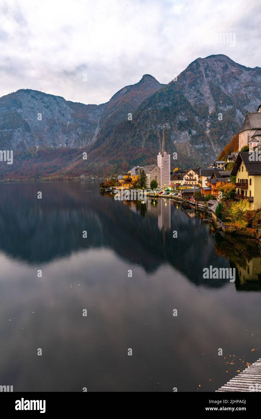 Lake Hallstatt, Austria. The village of Hallstatt is on the shore of Lake Hallstatt in the High ...